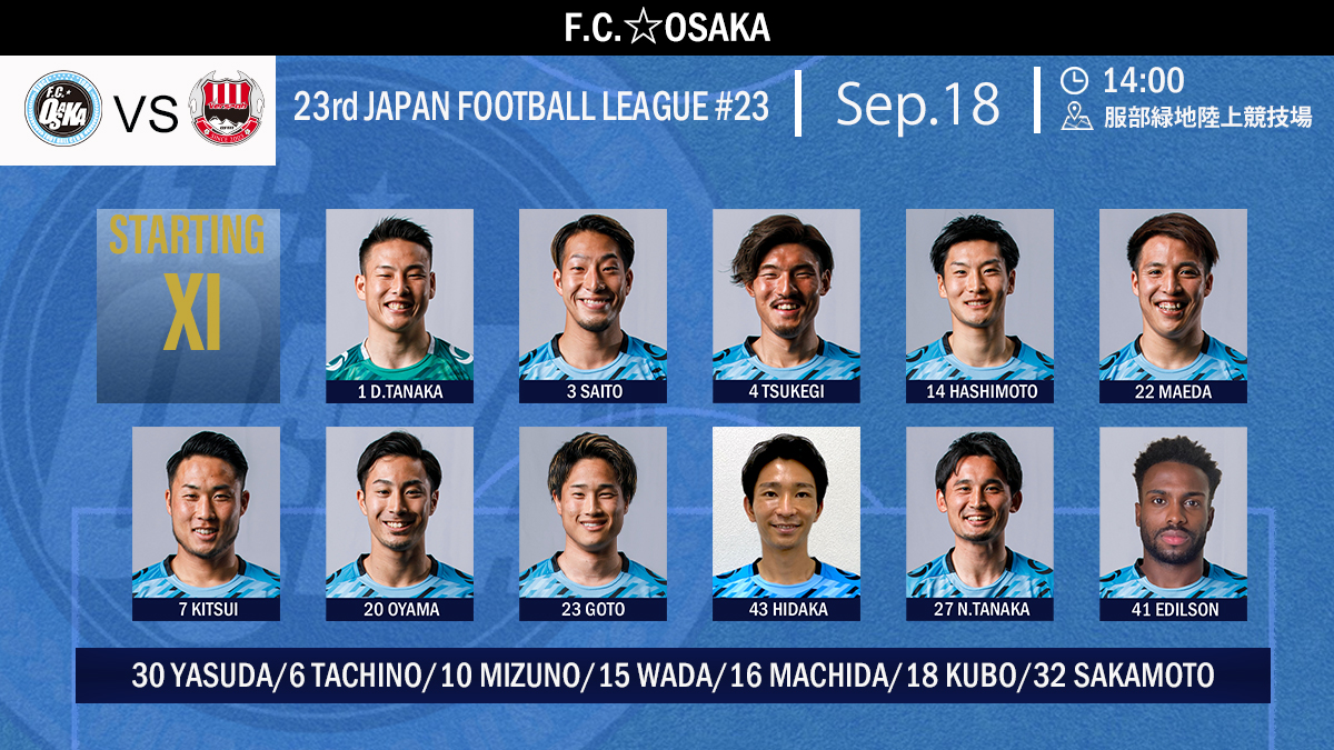 FC大阪【公式】 on Twitter: "【JFL 第23節 vs. #ヴェルスパ大分】 ⏰14:00キックオフ 🏟服部緑地陸上競技場 本日のF.C.大阪 メンバーはこちら なんとしても絶対 ...