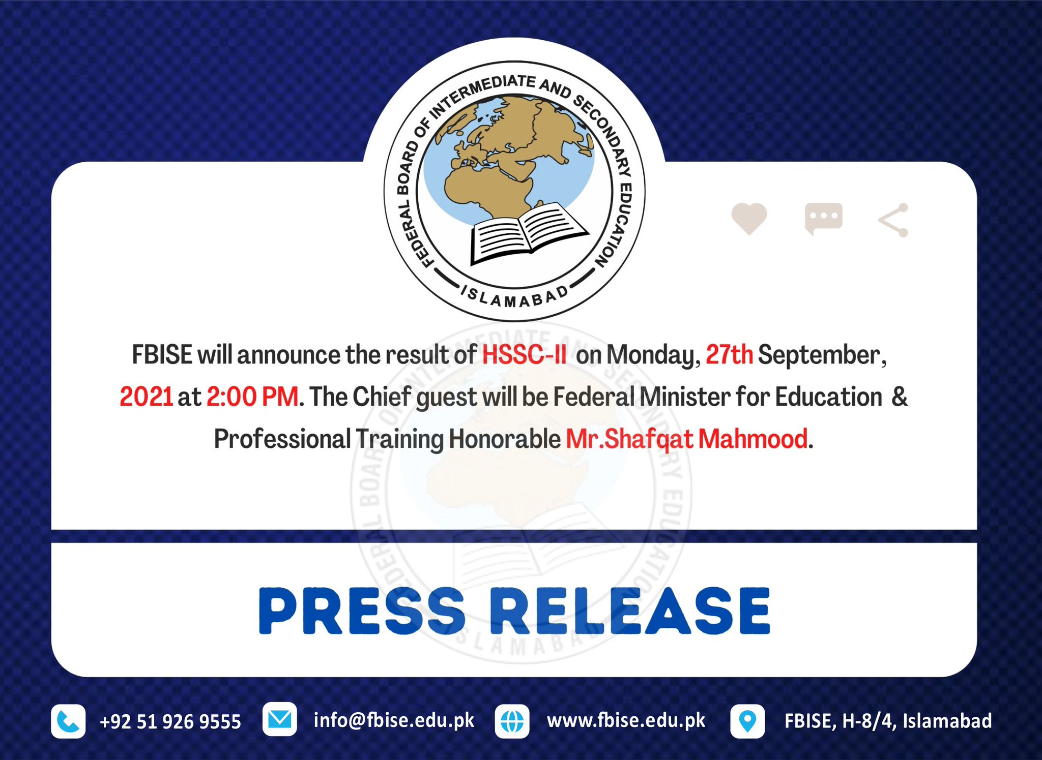 FBISE (Official) on Twitter: "FBISE will announce the result of HSSC-II on Monday, 27th ...