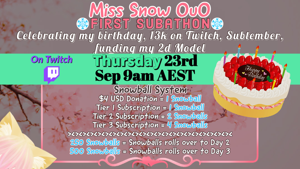 MissSnowOuO || Vtuber 🌸 on Twitter: "💖Subathon on 23rd September starts 9am AEST. Holding my 1st ...