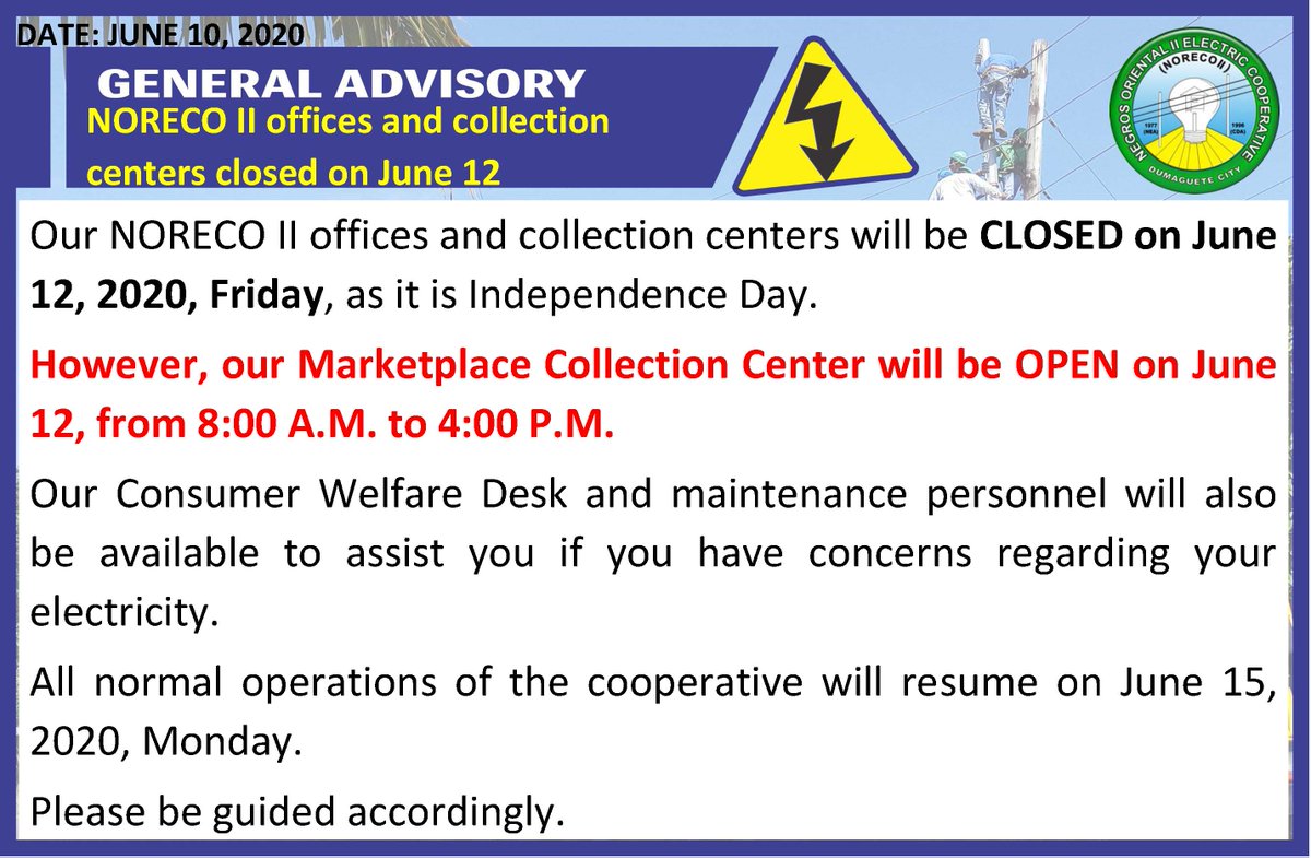 Event - NORECO II Offices and Collection Centers Closed on June 12 ...