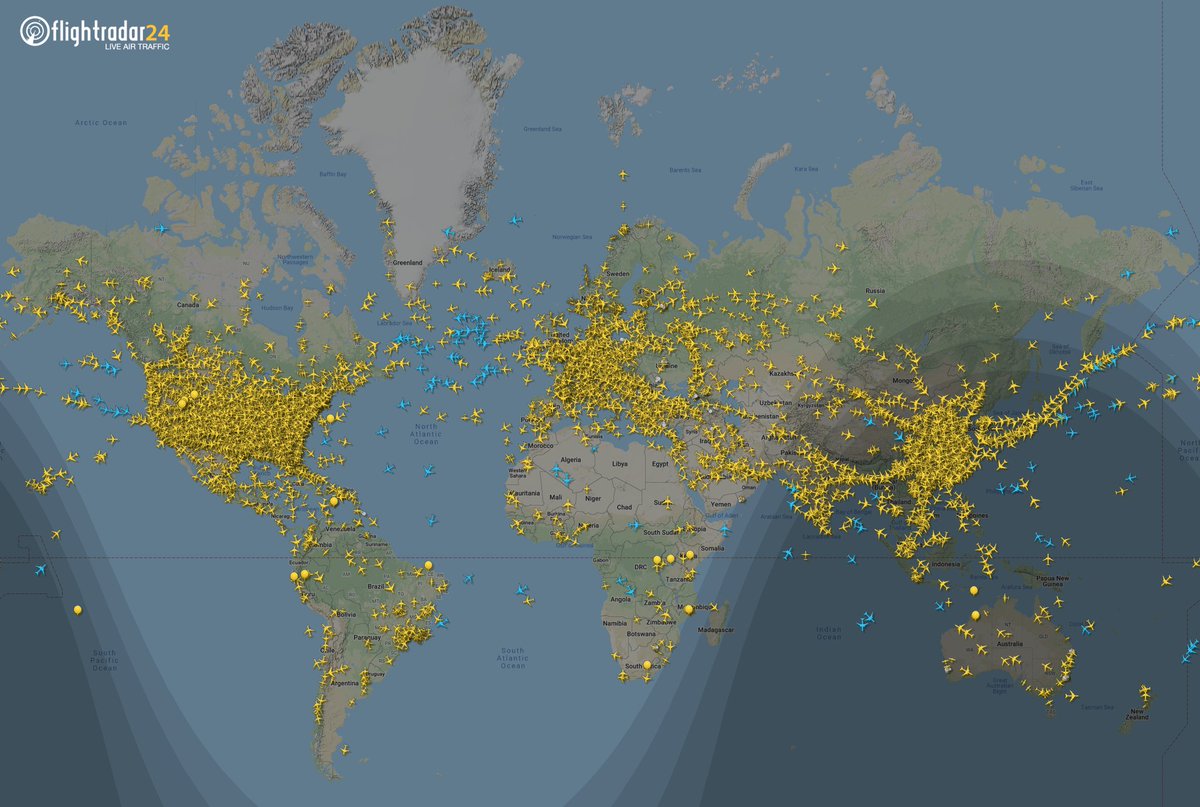 Midweek global flight traffic at 1500 UTC. Just over 9,000 active ...