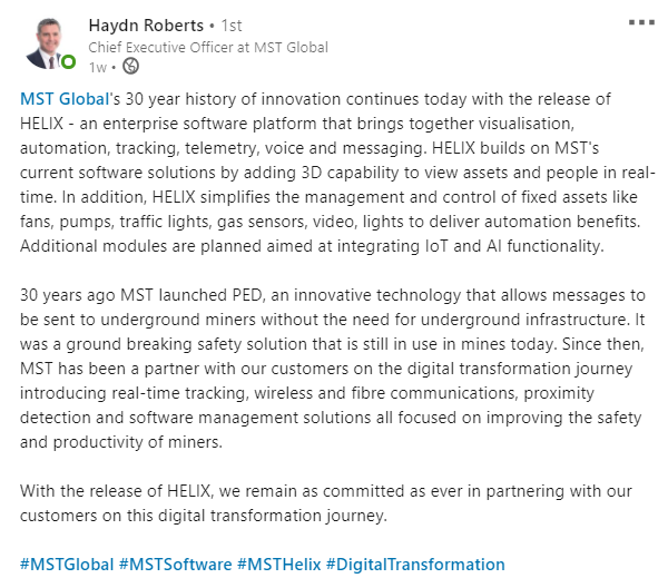 MST Global on Twitter: "Have you booked your demonstration for HELIX yet? Haydn Roberts, CEO ...