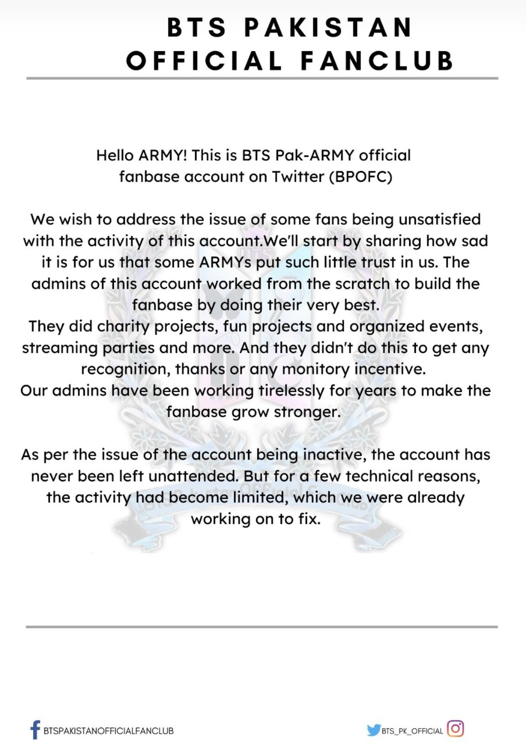 BTS Pak Official⁷l🇵🇰 on Twitter: "Official statement by @bts_pk_official!…