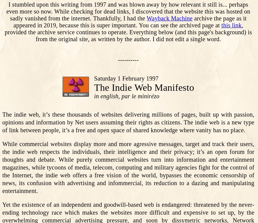 Wiby on Twitter: "#websiteoftheweek lulu in cyberspace - Indie Web Manifesto: (https://t.co ...