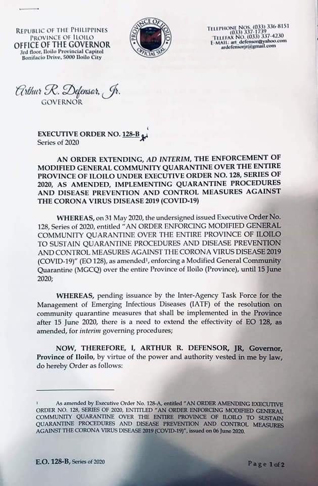 Iloilo Governor Arthur Defensor Jr. releases an executive order ...