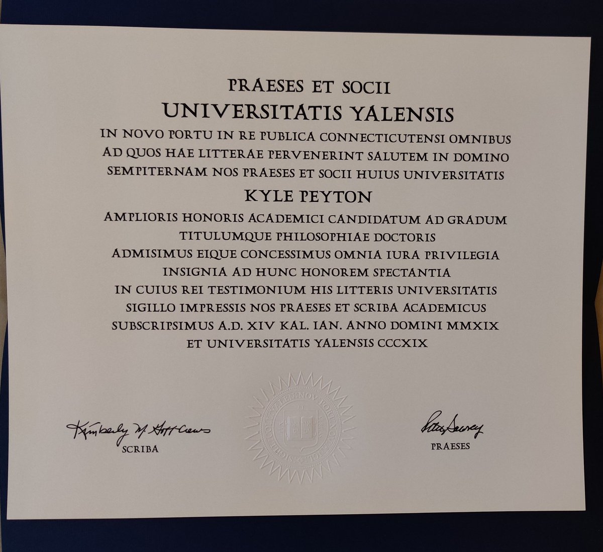 Kyle Peyton on Twitter: kyle-peyton-on-twitter-my-yale-diploma-arrived-in-the-mail-today-i-think-it-says-i-have-a-phd-but-since-i-m-not-fluent-in-the-language-of-12th-century-monestaries