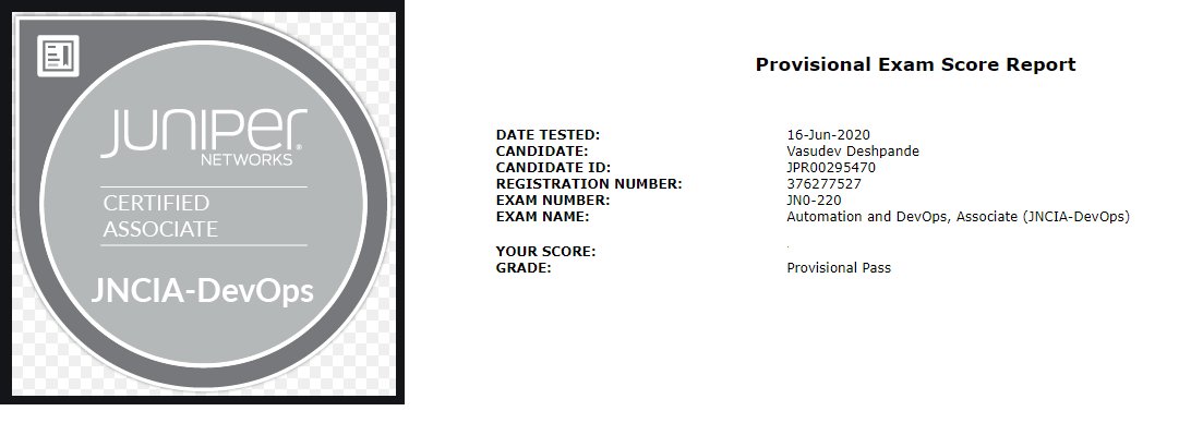 Vasu on Twitter: "Passed Juniper Devops [ JNCIA-DEVOPS ] today.....!!!!! Thanks @JuniperCertify ...