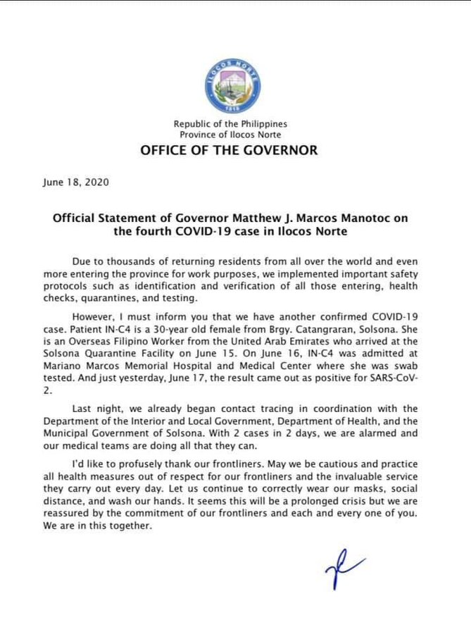 JUST IN: Ilocos Norte Governor Matthew Marcos Manotoc confirmed the 4th ...