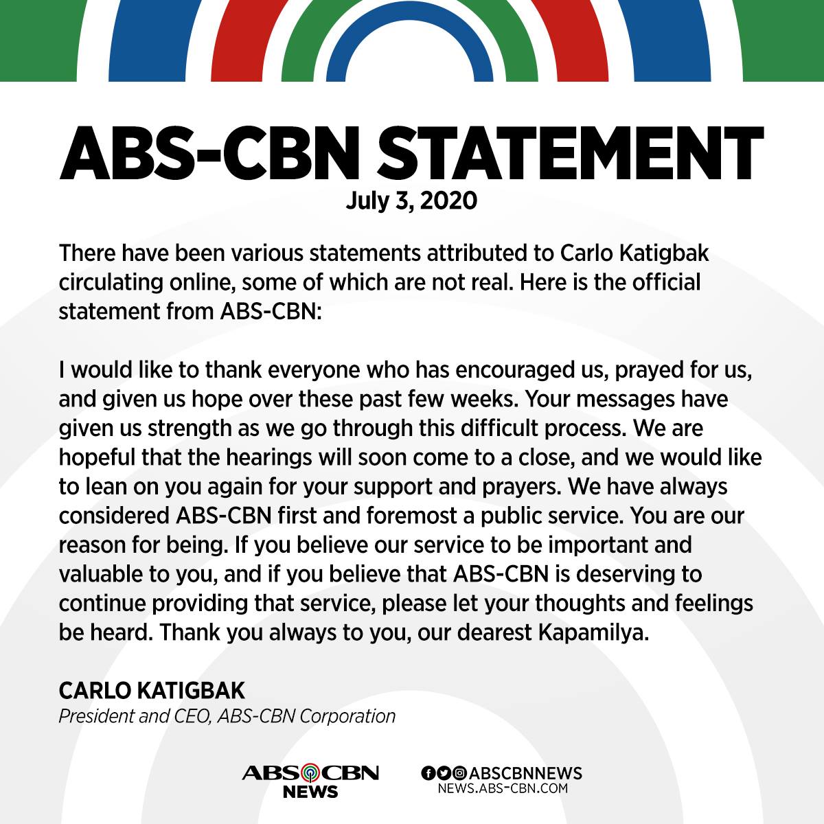 READ: ABS-CBN President and CEO Carlo Katigbak's official statement ... READ: ABS-CBN President and CEO Carlo Katigbak's official statement ...