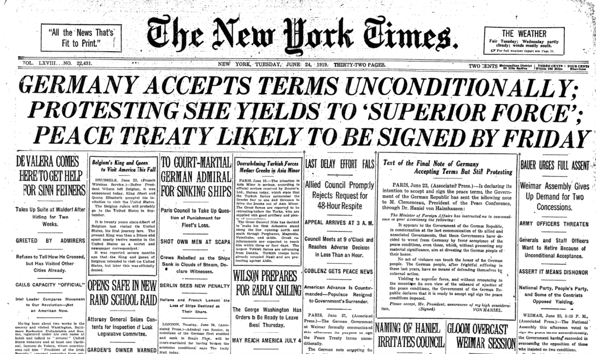 Today in 1919: Germany's National Assembly voted to accept the peace ...