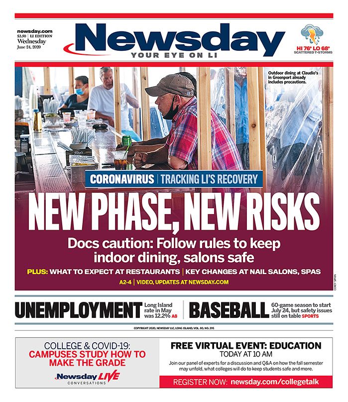 Wednesday's Newsday cover: Long Island will see the return of indoor ...