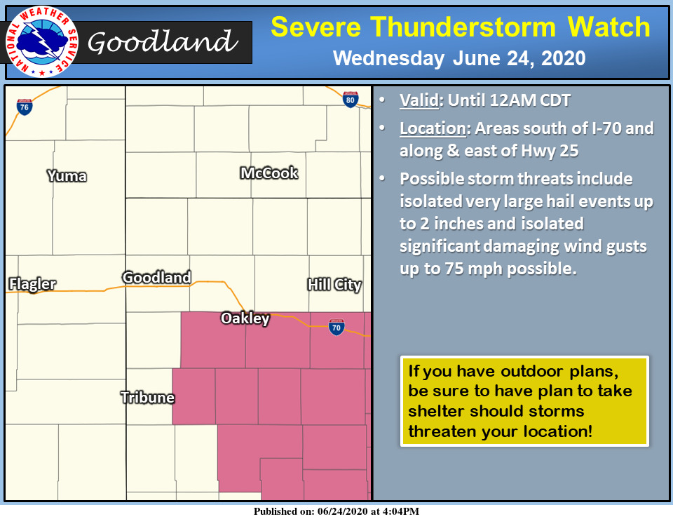 Severe Thunderstorm Watch Weds 6/24/20 until 12AM CDT for highlighted ...