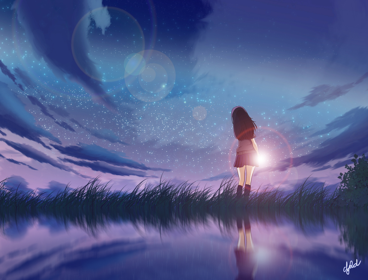 K o m n u D y. A r t on Twitter: "Sky #風景 #オリジナル5000users入り #空 #女の子 #一人で #雲 #夜の風景 #星 #夜 #自作自演 ...