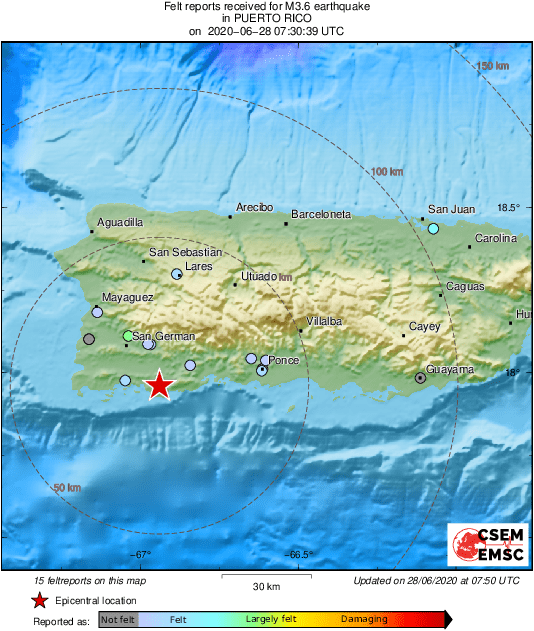 M3.6 earthquake (sismo) strikes 35 km W of Ponce (Puerto Rico) 20 min ...