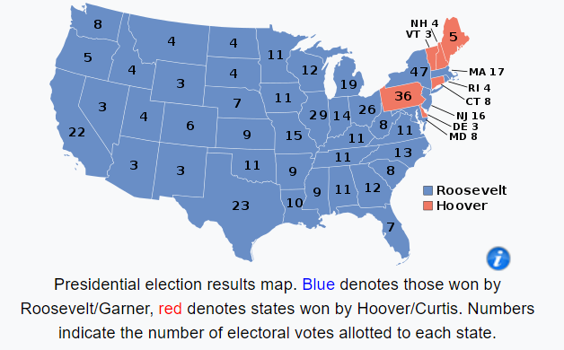 The map of the 1932 presidential election is amazing. Roosevelt won 42 ...