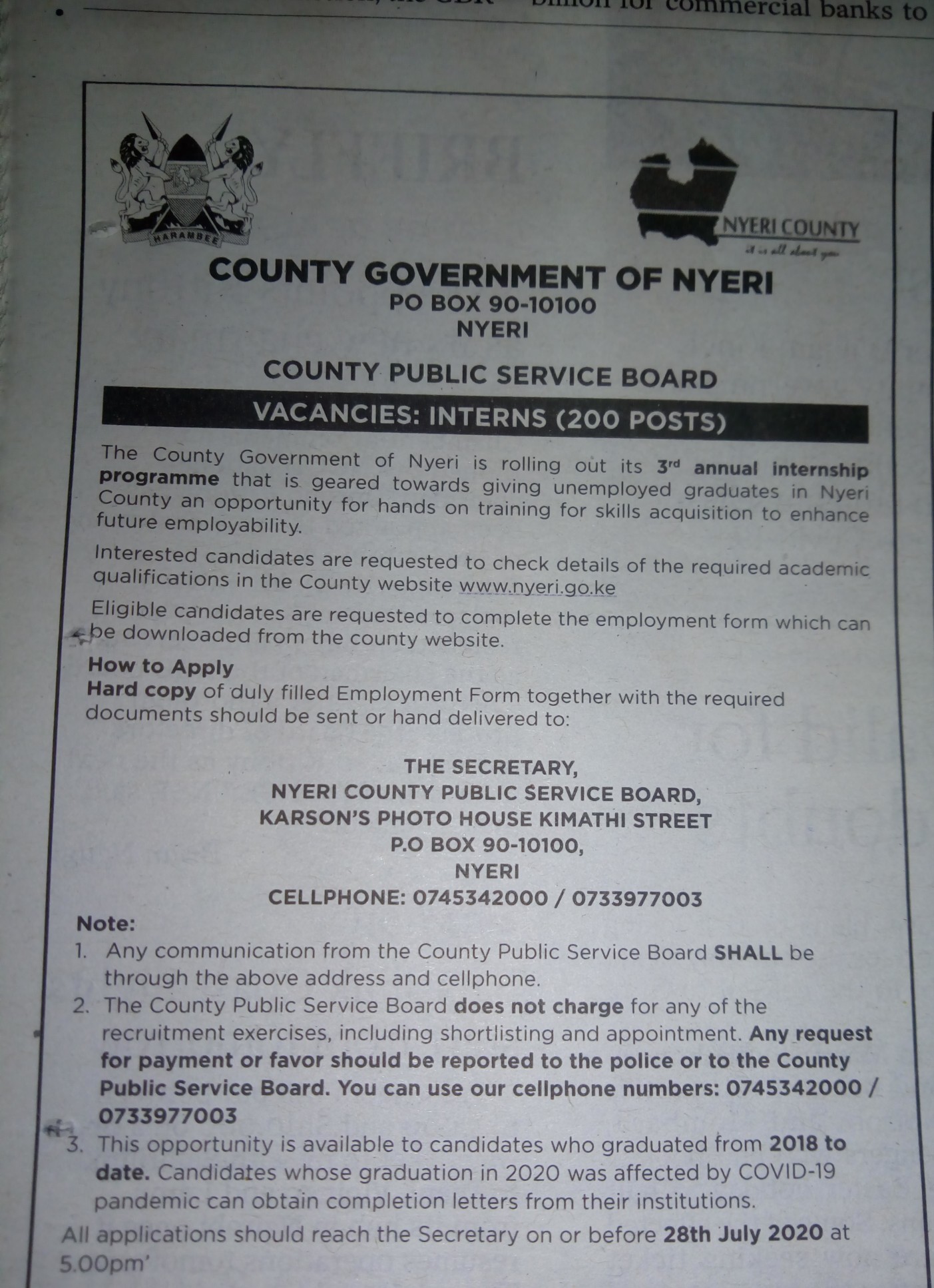 200 Open Internships at County Government of Nyeri 2020