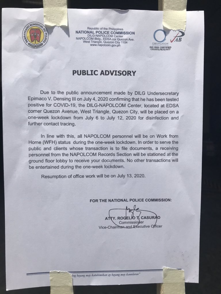 DILG-NAPOLCOM Center in Quezon City is placed under lockdown and will ...