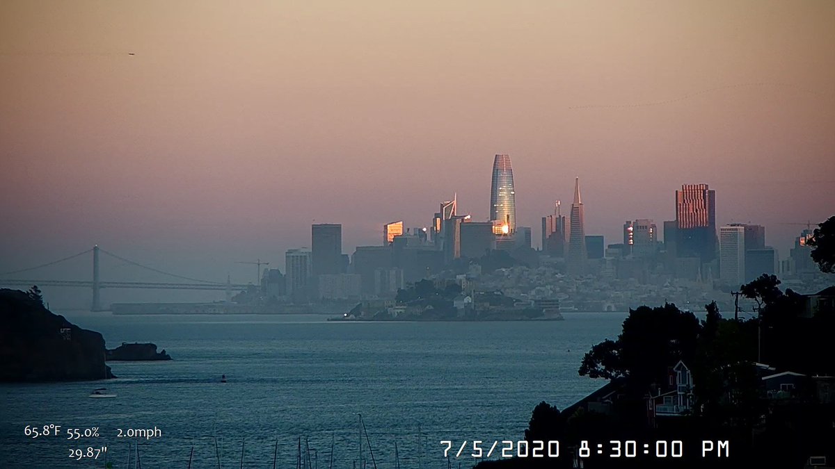 Setting sun illuminating only the highest towers of San Francisco on ...