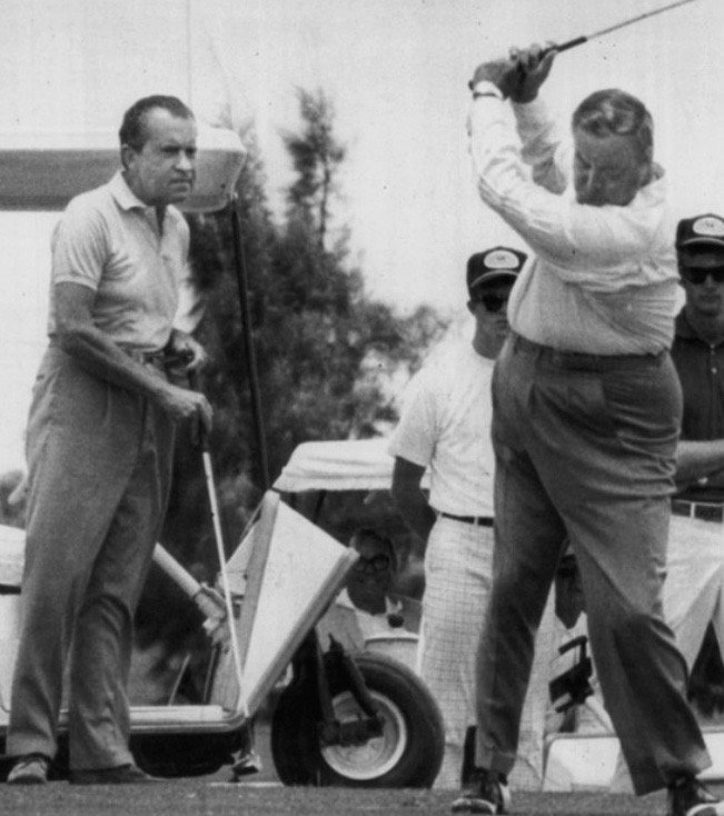 President Nixon plays golf with Jackie Gleason, Miami, today 1969 ...