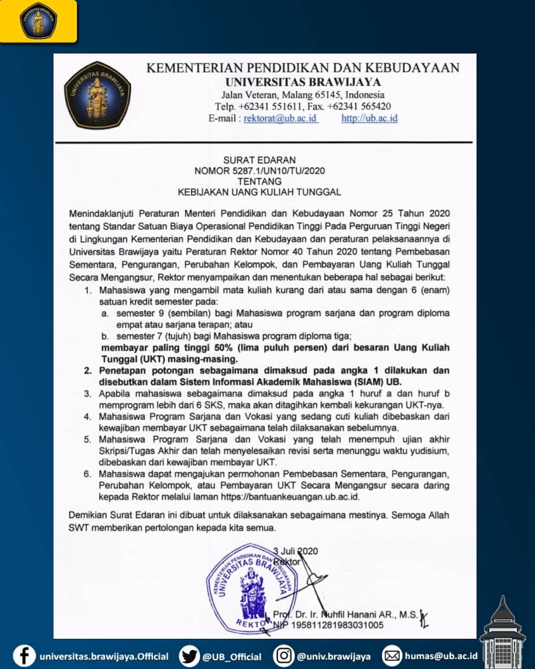 Universitas Brawijaya on Twitter: "Selamst sore, #TemanUB. Berikut Surat Edaran terbaru terkait ...