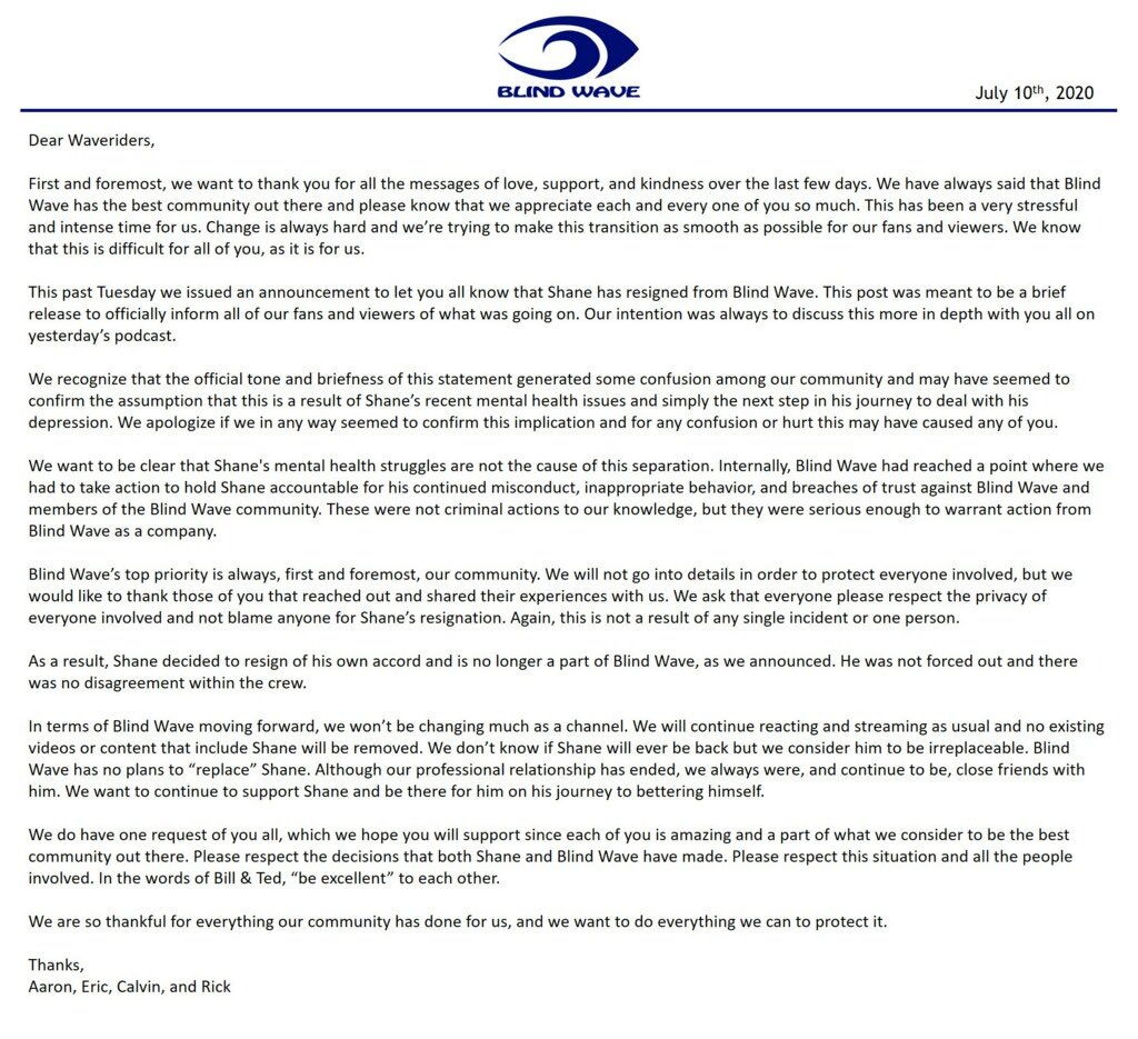 Another statement from Blind Wave about Shane : r/Blindwave