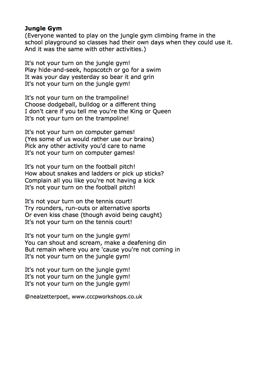 Neal Zetter Poetry on Twitter: "Daily #POEM - 'Jungle Gym' from my new ...