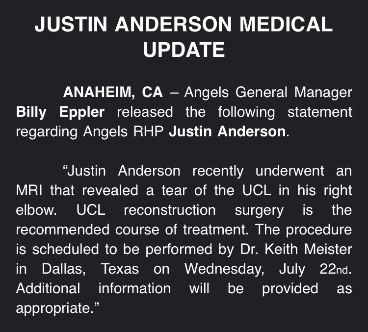 [Ardaya] Angels reliever Justin Anderson will need Tommy John surgery ...