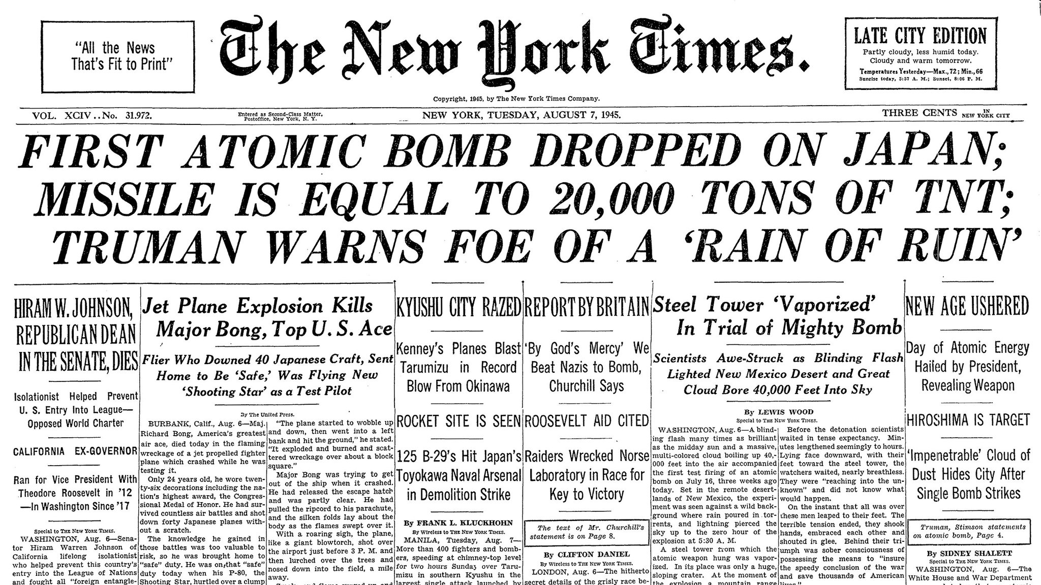 NYT At War on Twitter: "Aug. 7, 1945: First Atomic Bomb Dropped on ...
