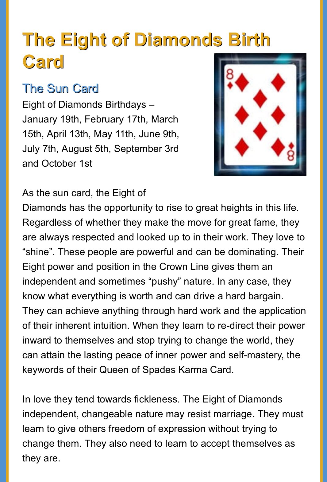 Eight Of Diamonds Birth Card