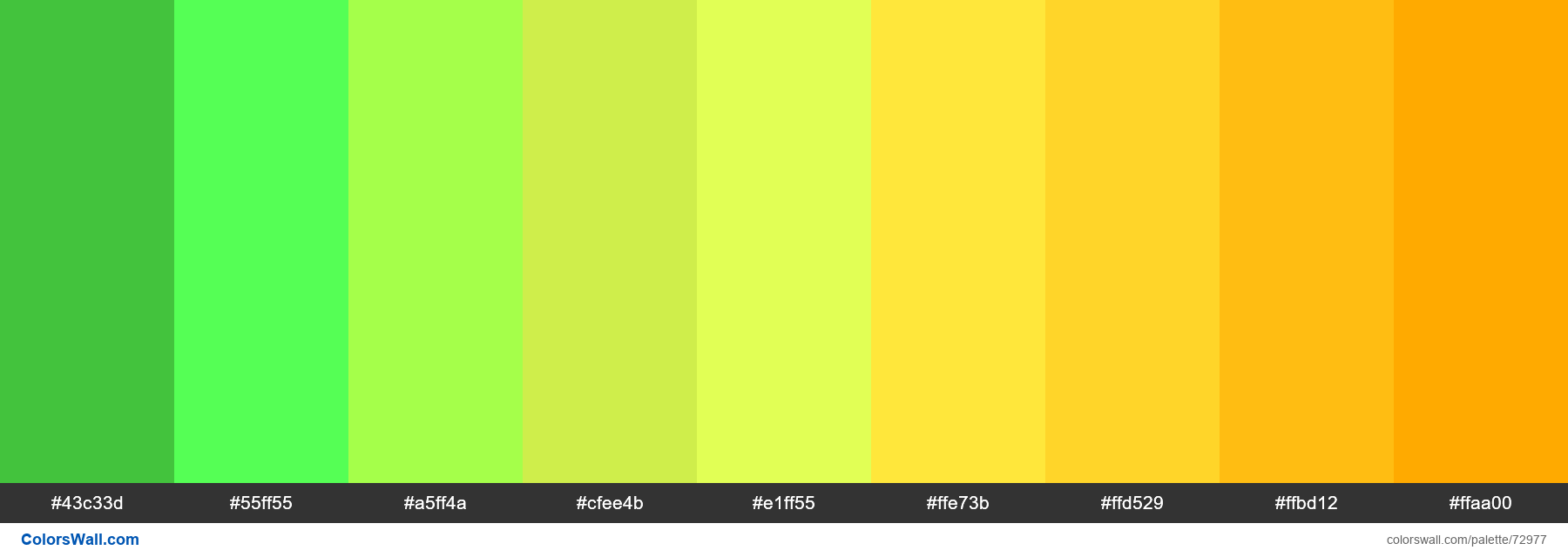 colorswall on Twitter: "Sunny Plant #43c33d, #55ff55, #a5ff4a, #cfee4b, #e1ff55, #ffe73b, # ...