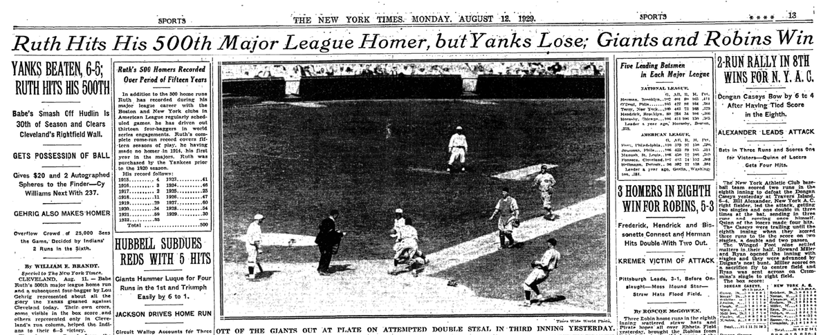 Babe Ruth hit his 500th major league home run on this day in 1929 ...