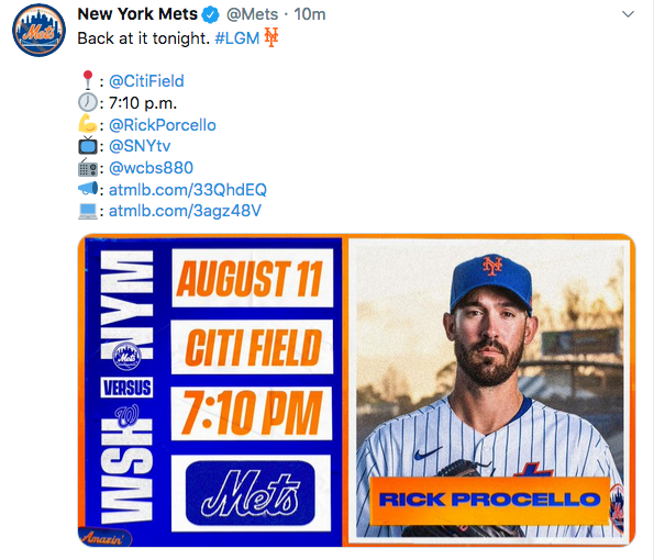 [Mets] Tweet out graphic for Rick Porcello's start tonight. Spell his ...