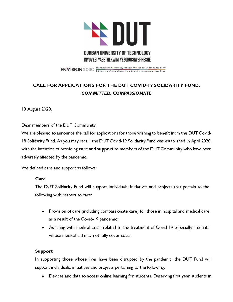 Dear DUT Students and Staff The University invites you to apply for the ...