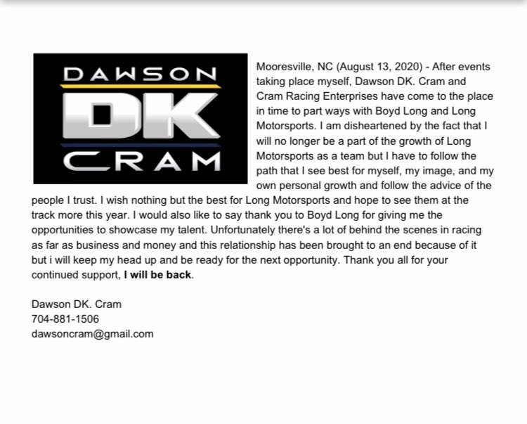 Dawson Cram and Long Motorsports have parted ways : r/NASCAR