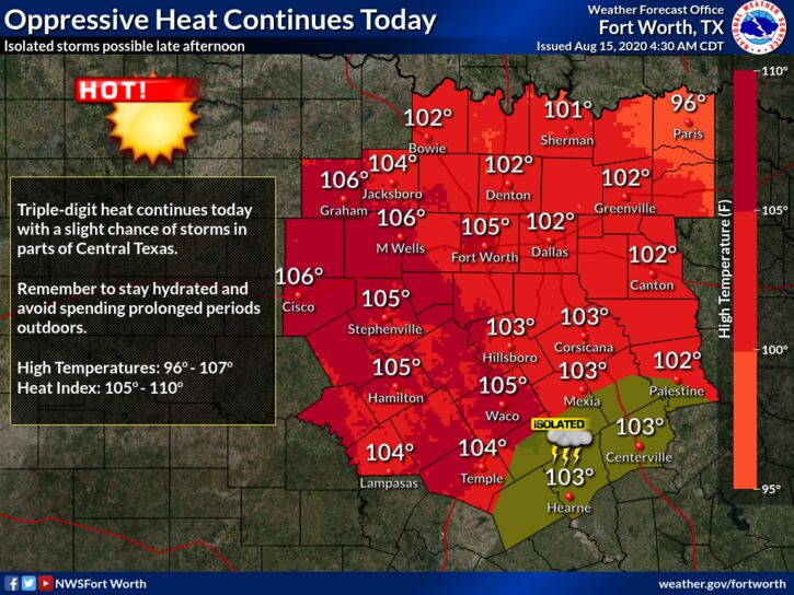 NWS Fort Worth on Twitter: "The heat will continue today with high mainly between 100-105 and ...