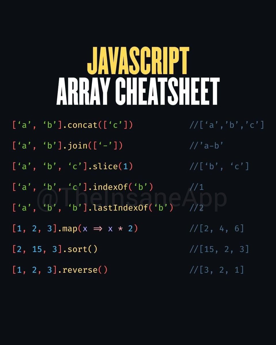 Insane on Twitter: "JavaScript Array Cheatsheet #theinsaneapp #javascript #Developer #programmer ...