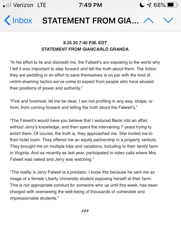 In a statement to the press, Giancarlo Granda claims Falwell sent him a ...