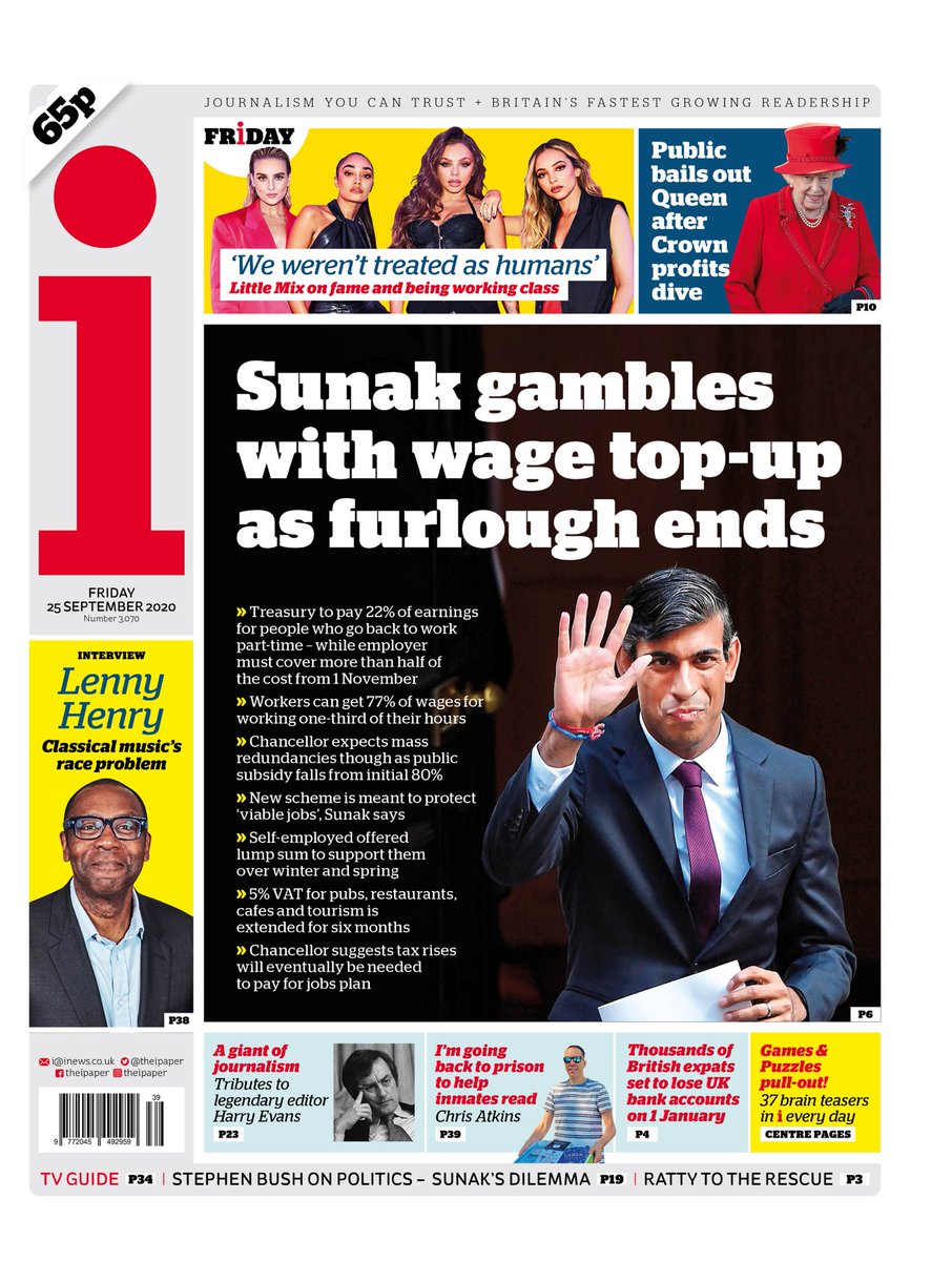 Friday's front page: Rishi Sunak gambles with wage top-up as furlough ...