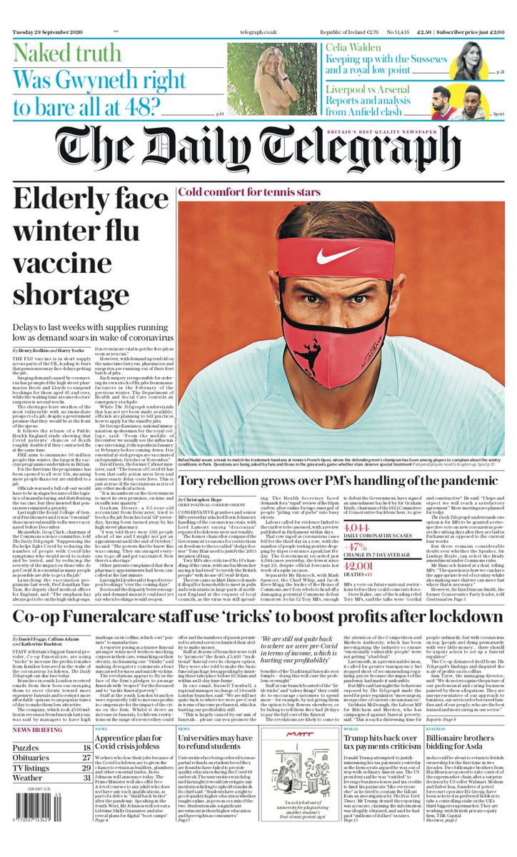 The front page of tomorrow's Daily Telegraph: 'Elderly face winter flu ...