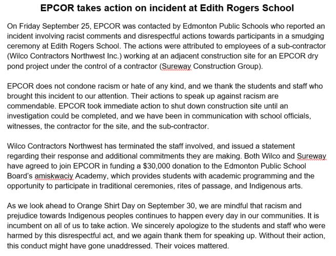 EPCOR has taken action on the incident at Edith Rogers School. (Twitter ...