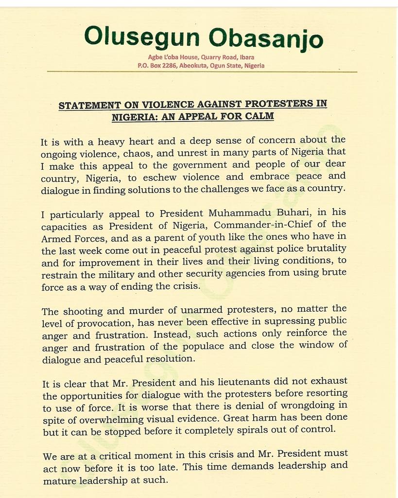 Olusegun Aremu Obasanjo on Twitter: "Read full statement from Obasanjo #EndSARS https://t.co ...