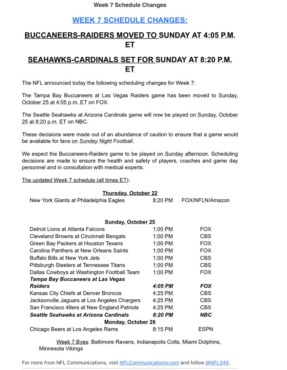 Ben Volin on Twitter - NFL moves Bucs-Raiders game out of SNF in case ...