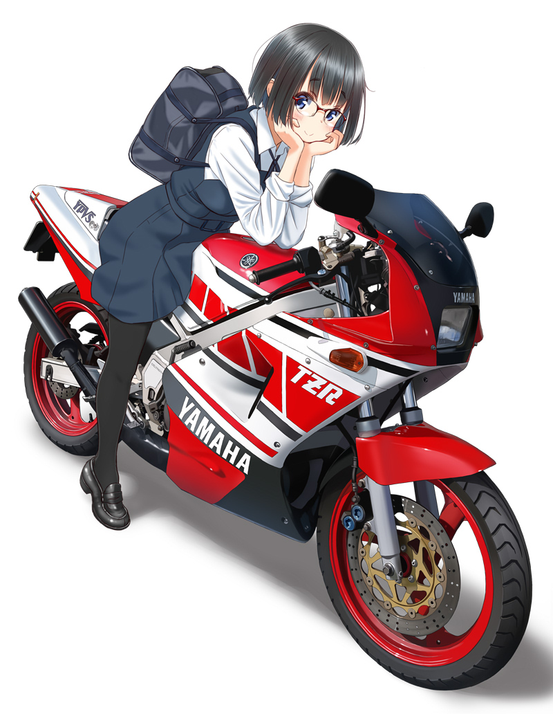 1girl Motor Vehicle Ground Vehicle Solo Motorcycle Black Hair Bag