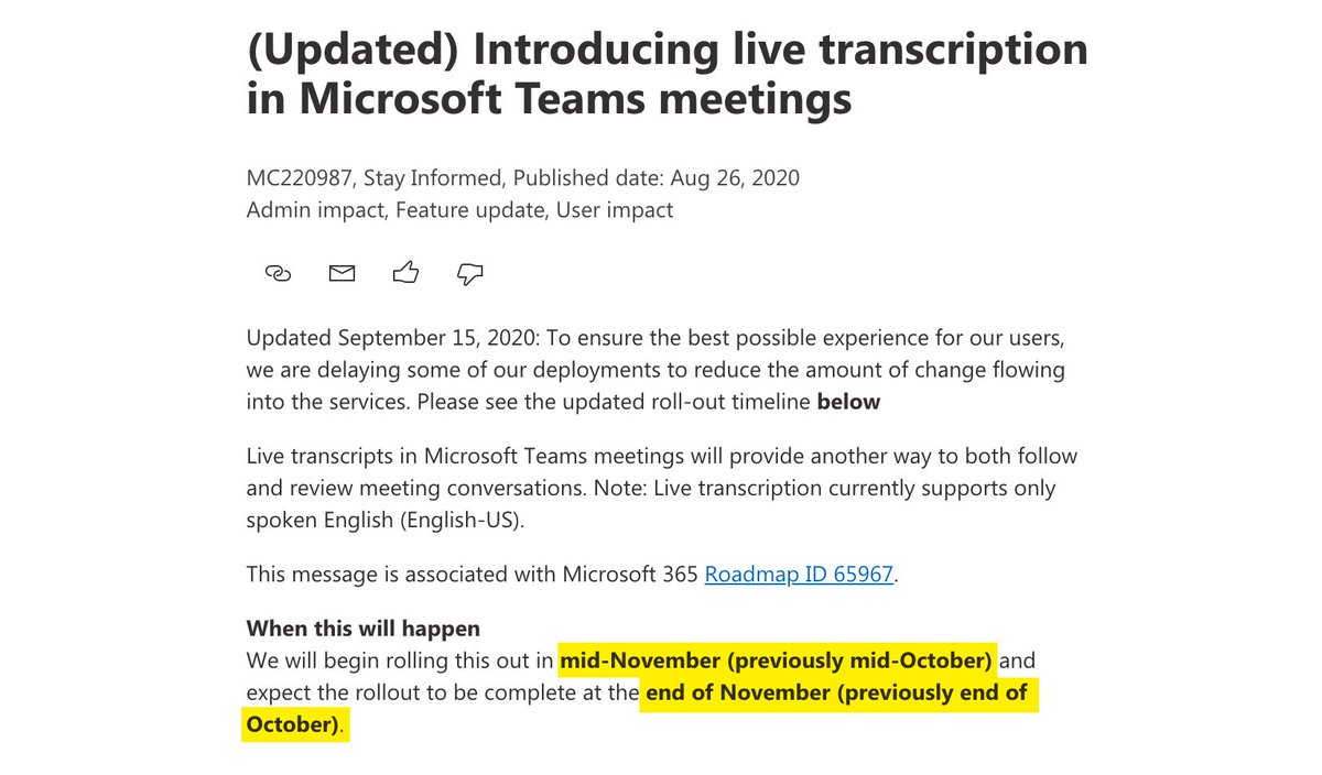 Live transcripts in Teams meeting being delayed a month (pushed to ...