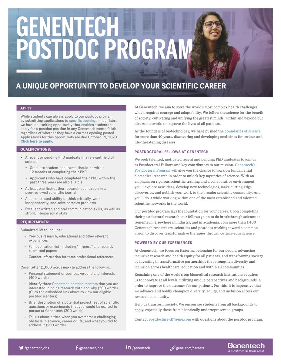 Joanna Y. Lee, Ph.D. on Twitter: "LAST CALL for apps for our new Genentech postdoc prog that ...