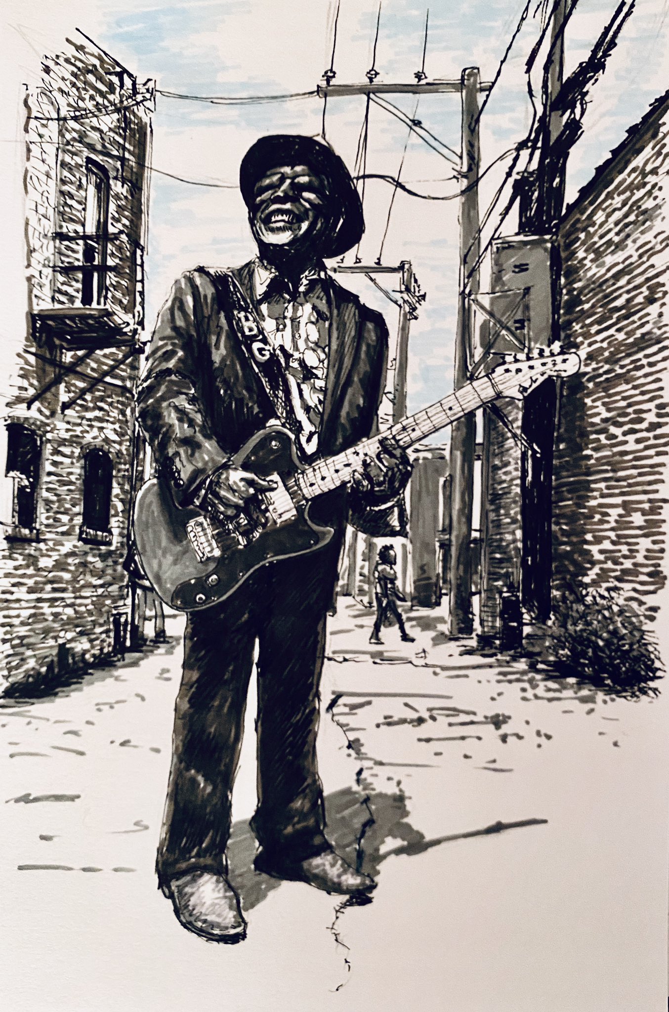 Blues Guitar Player Drawing