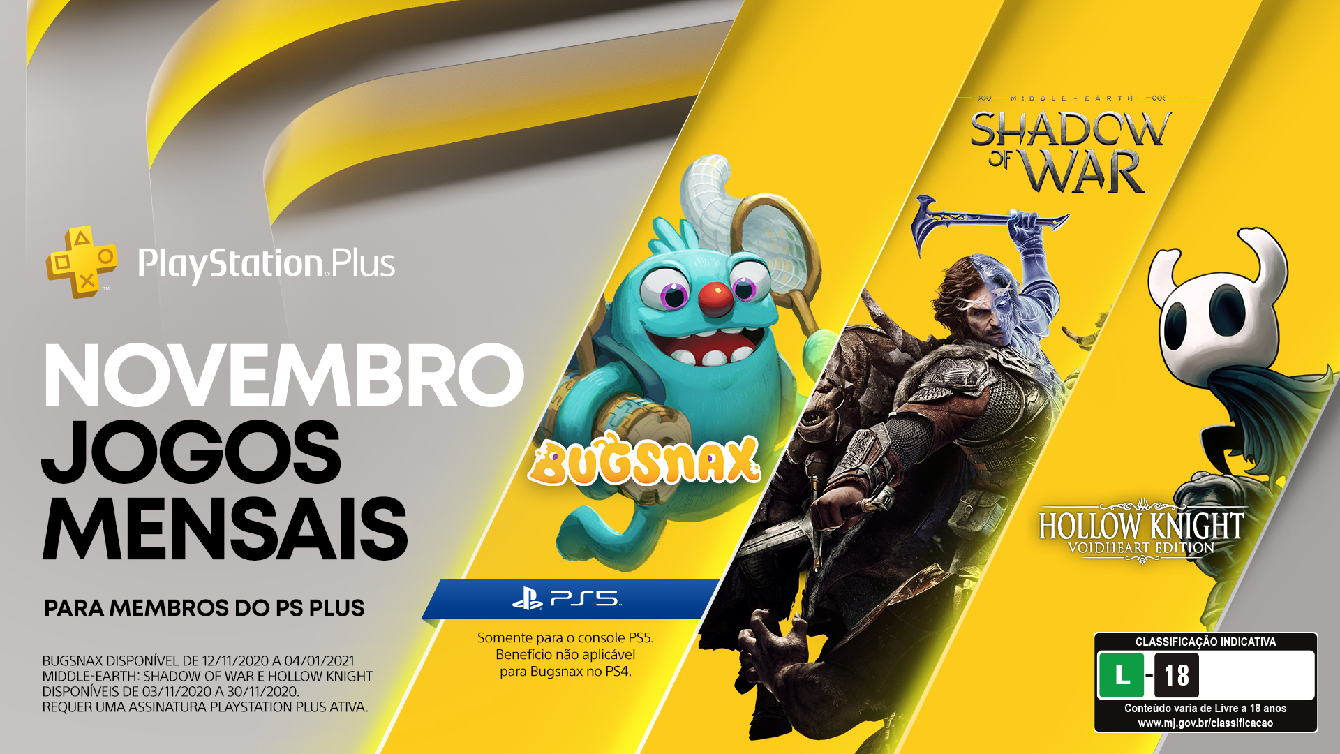 PlayStation Brasil on X A partir de terca feira membros PS Plus poderao baixar gratuitamente Middle earth Shadow of War e Hollow Knight Voidheart Edition para PS4 https t qdpPV8ZshL Alem disso um j...