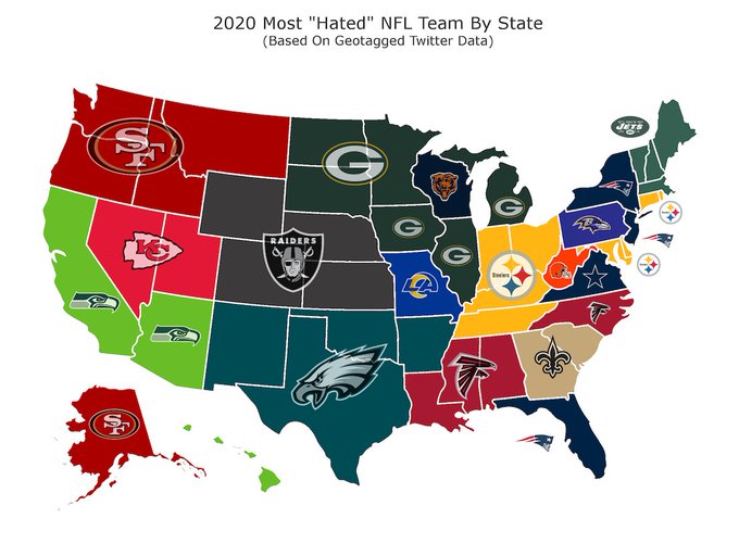 Most Hated NFL Team by State Most Hated NFL Team by State