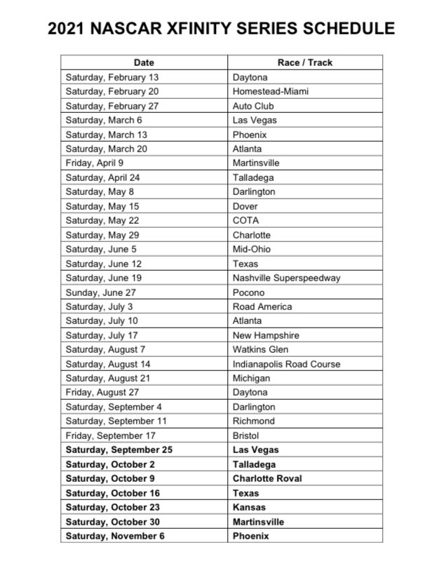 2021 Xfinity Series Schedule : r/NASCAR