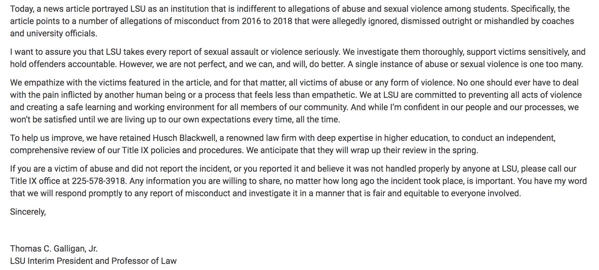 LSU interim president releases statement responding to USA Today report ... LSU interim president releases statement responding to USA Today report ...